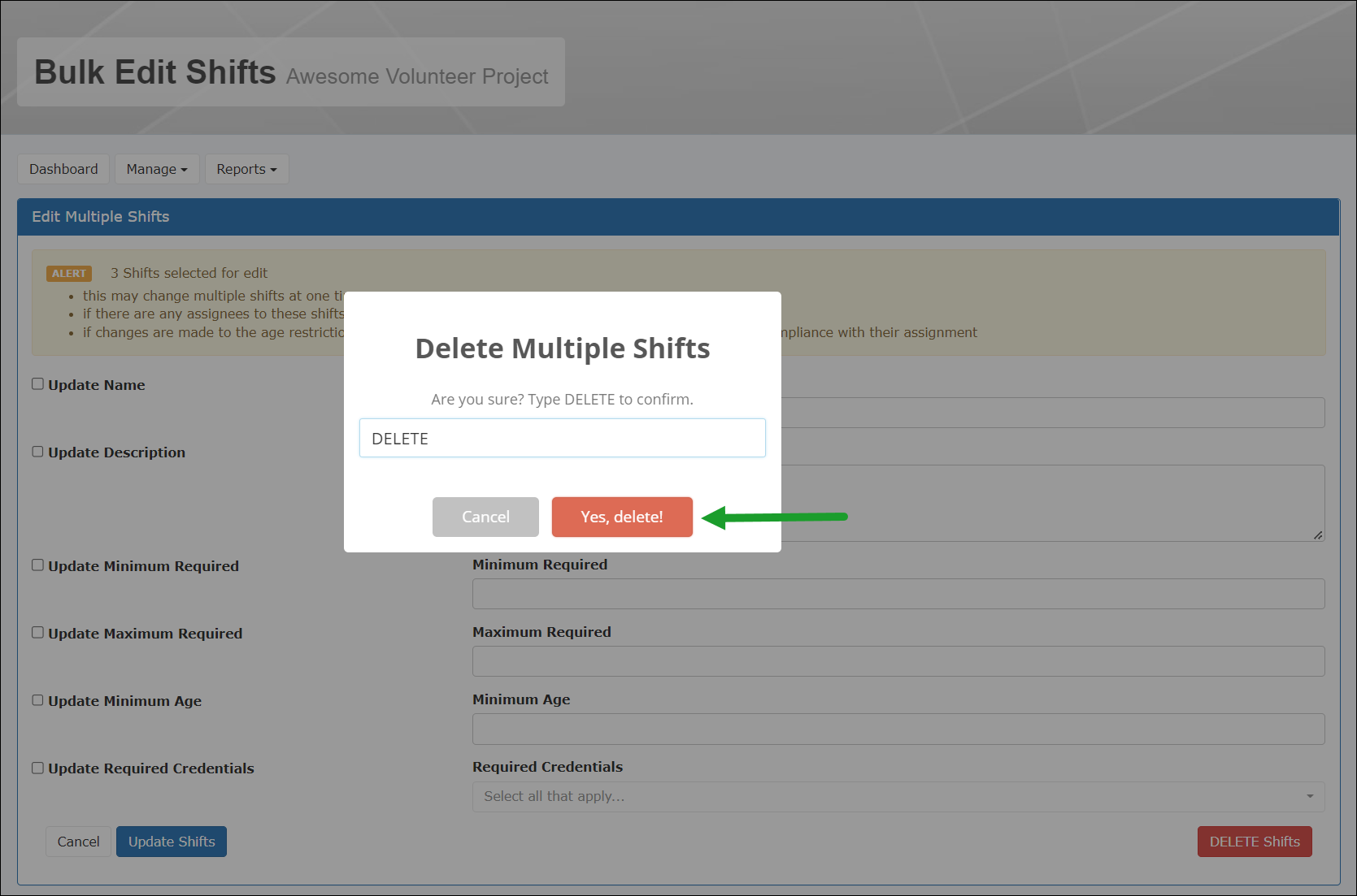 Bulk Delete Shifts – VolunteerMatters Support