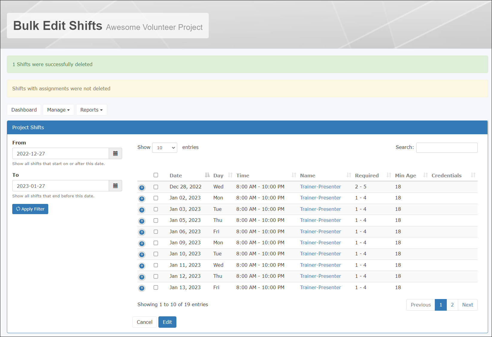 Bulk Delete Shifts – VolunteerMatters Support